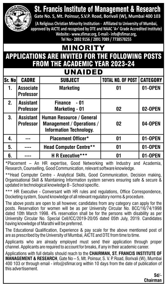 St. Francis Institute of Management & Research, Mumbai Wanted Associate ...