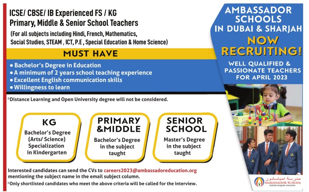 Ambassador Schools, Dubai & Sharjah Wanted Teachers | FacultyPlus