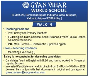 Gyan Vihar World School, Jaipur Wanted Teachers | FacultyPlus
