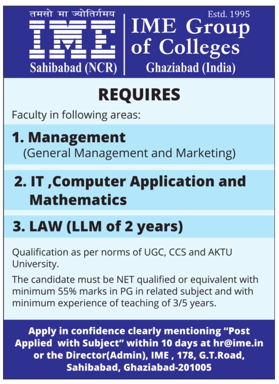 IME Group of Colleges, Ghaziabad Wanted Teaching Faculty | FacultyPlus