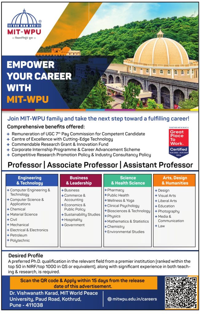 MIT World Peace University, Pune Wanted Professor/Associate Professor/Assistant Professor ...