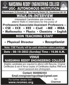 Narsimha Reddy Engineering College, Secunderabad Wanted Professor ...