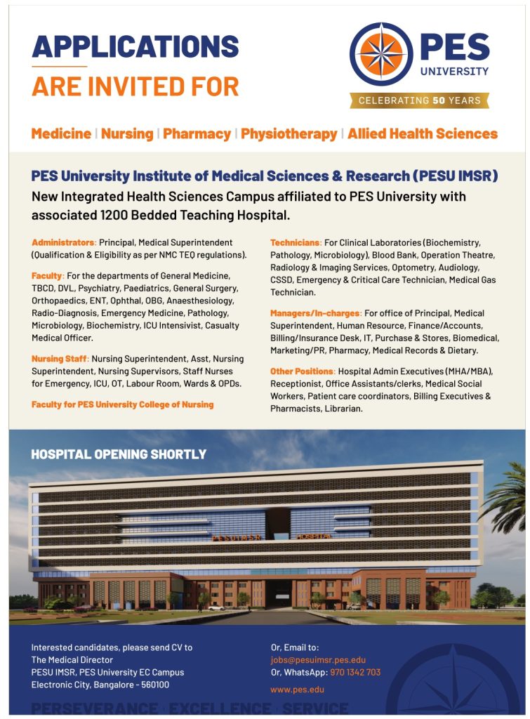 PES University, Bengaluru, Wanted Teaching and Non-Teaching Faculty ...