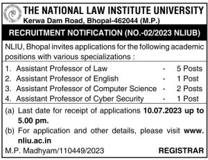 Faculty Job Vacancy- National Law Institute University, Bhopal ...