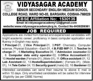 Vidyasagar Academy Sr Secondary English Medium School, Bargarh Wanted ...