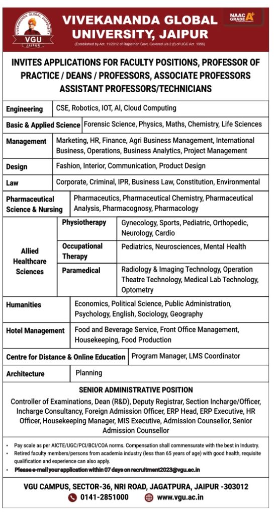 Teaching Jobs/Non-Teaching Jobs at Vivekananda Global University, Jaipur | FacultyPlus