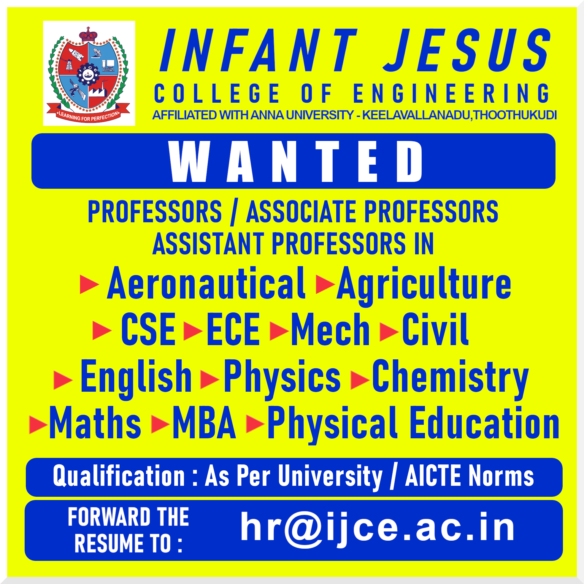 Infant Jesus College of Engineering (IJCE) Wanted Faculty | FacultyPlus