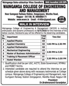 Teaching Jobs at Wainganga College Of Engineering & Management, Nagpur ...
