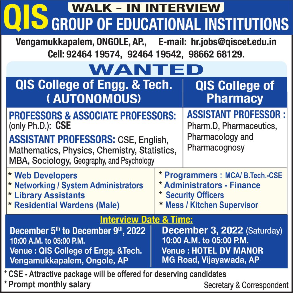 QIS Group of Educational Institutions, Ongole Wanted Professor/Associate Professor/Assistant ...