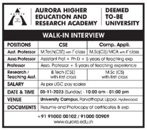 Aurora Higher Education and Research Academy, Hyderabad- Faculty Recruitment 2023 | FacultyPlus