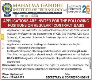 Mahatma Gandhi Institute of Technology Wanted Professor/ Associate ...