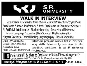 SR University, Warangal Wanted Professors/ Associate Professors and Assistant Professors ...