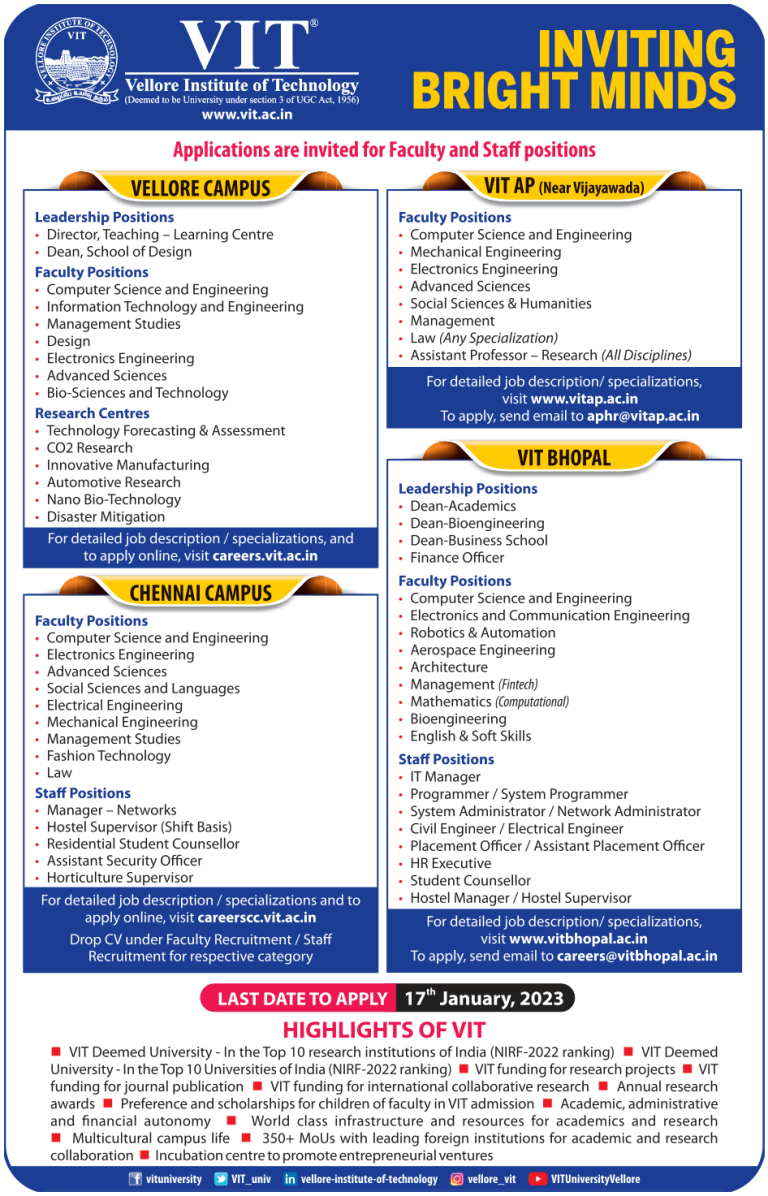 Vellore Institute of Technology, Vellore, Wanted Teaching Faculty | FacultyPlus