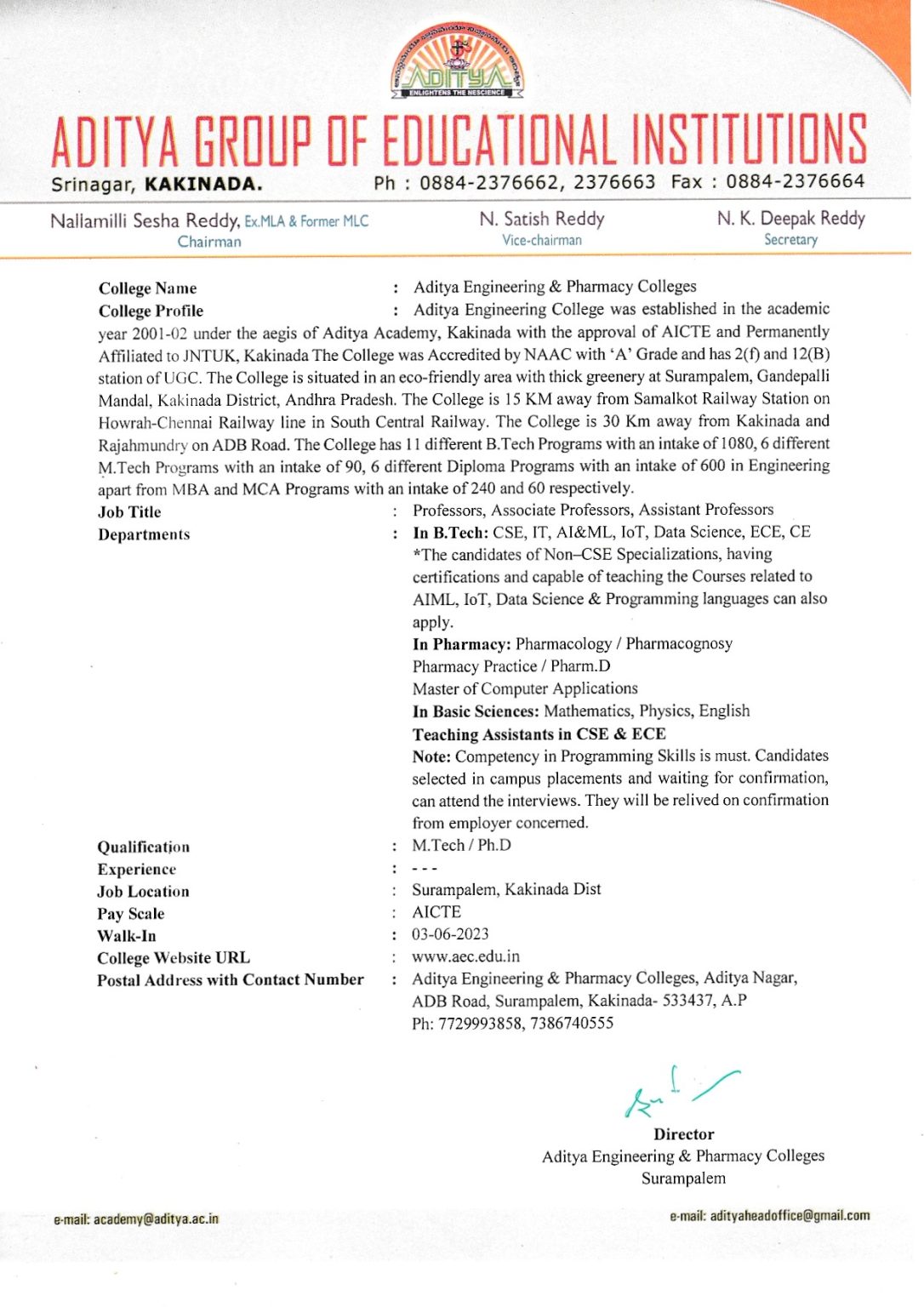 Aditya Engineering and Pharmacy Colleges, Kakinada Wanted Professor/Associate Professor ...