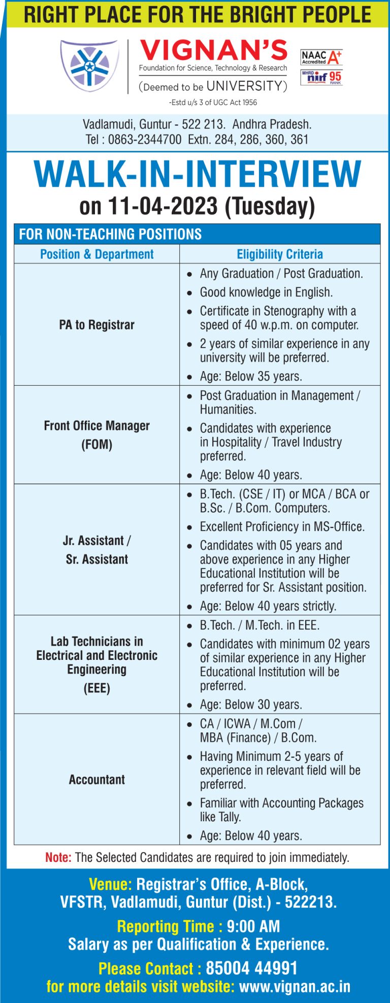 Non-Teaching Jobs- Vignan’s Foundation for Science, Technology ...
