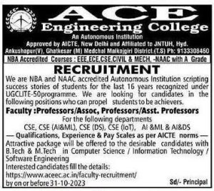 ACE Engineering College, Hyderabad Wanted Professor/Associate Professor/Assistant Professor ...