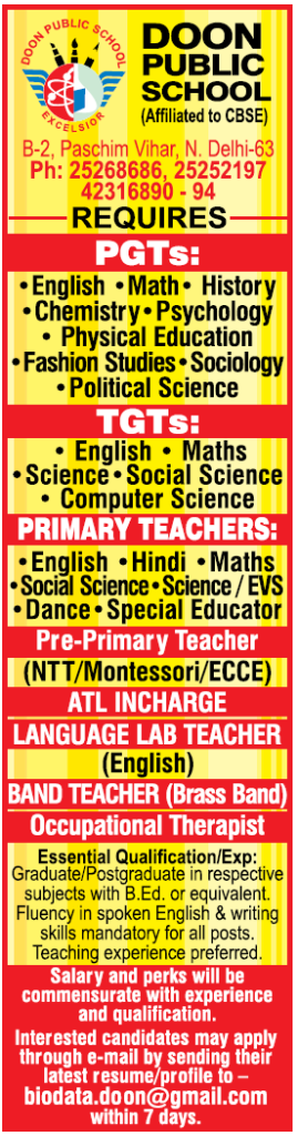 Doon Public School, New Delhi Wanted Teachers and Non-Teaching Faculty ...