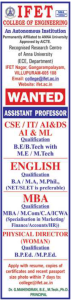 IFET College of Engineering, Villupuram, Wanted Assistant Professor | FacultyPlus