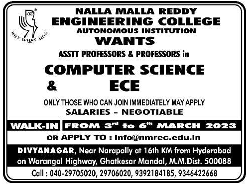 Nalla Malla Reddy Engineering College, MM District Wanted Assistant ...