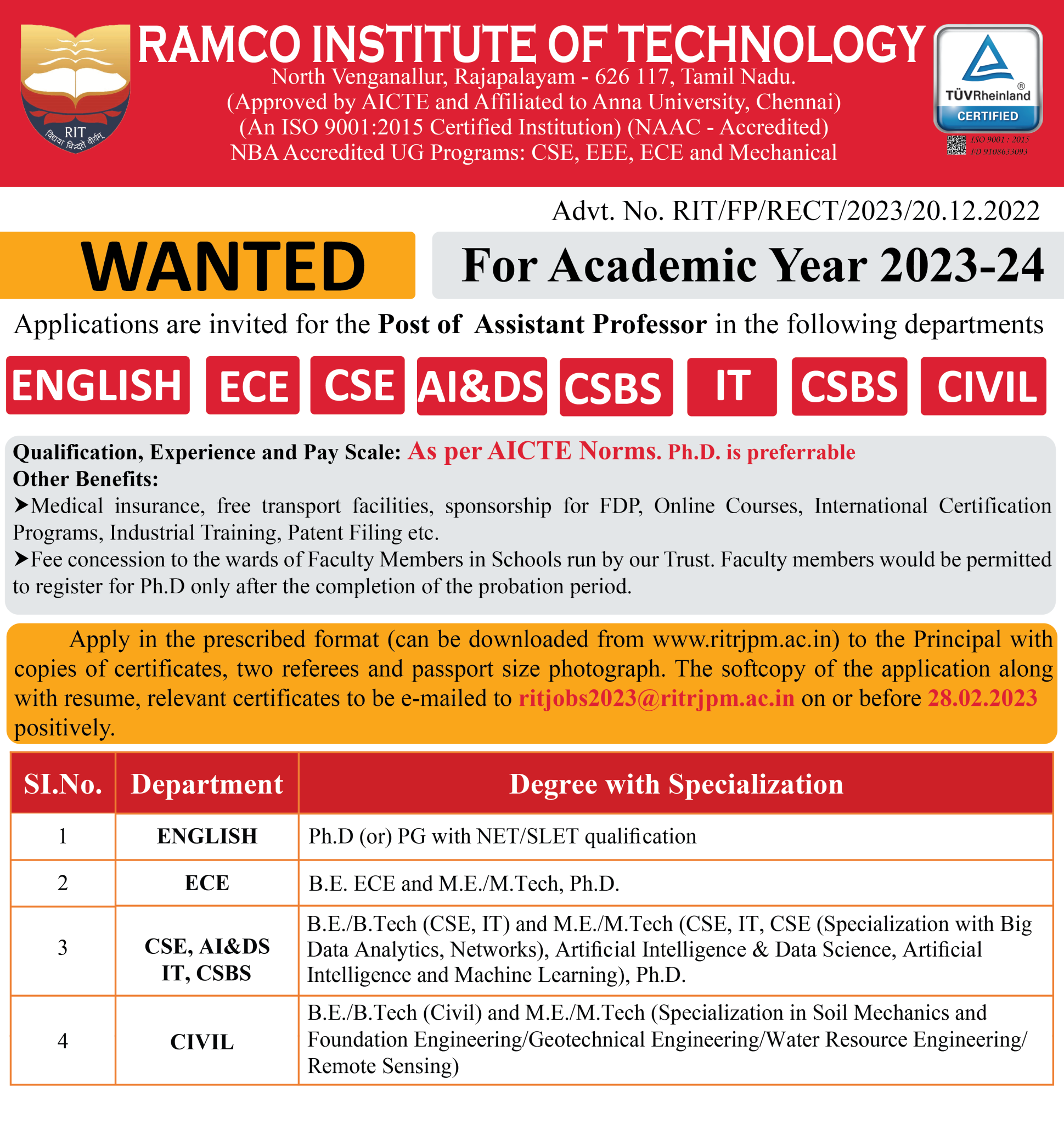 Ramco Institute of Technology, Rajapalayam- Faculty Recruitment 2023 | FacultyPlus