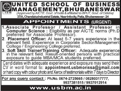 United School of Business Management, Bhubaneswar Wanted Teaching and ...