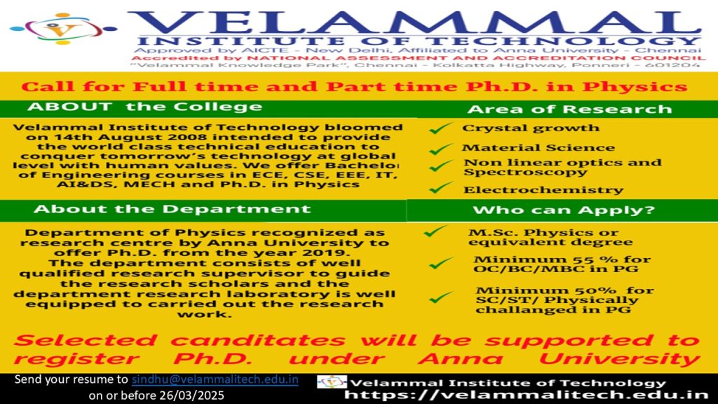 Velammal Institute of Technology, Chennai Call for Full Time or Part Time Ph.D in Physics ...