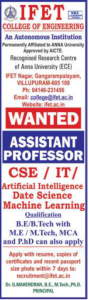 IFET College of Engineering, Villupuram, Wanted Assistant Professor | FacultyPlus