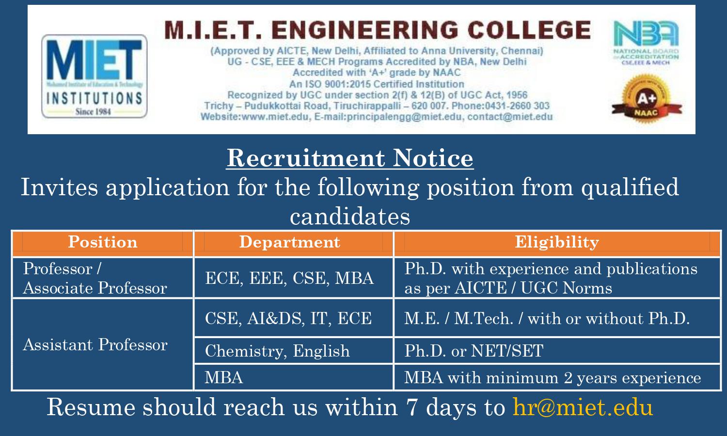 MIET facultyrecurit | FacultyPlus