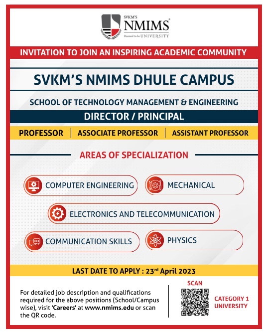 SVKM’s NMIMS Dhule Campus Deemed to be University, Wanted Teaching Faculty & Director/ Principal ...