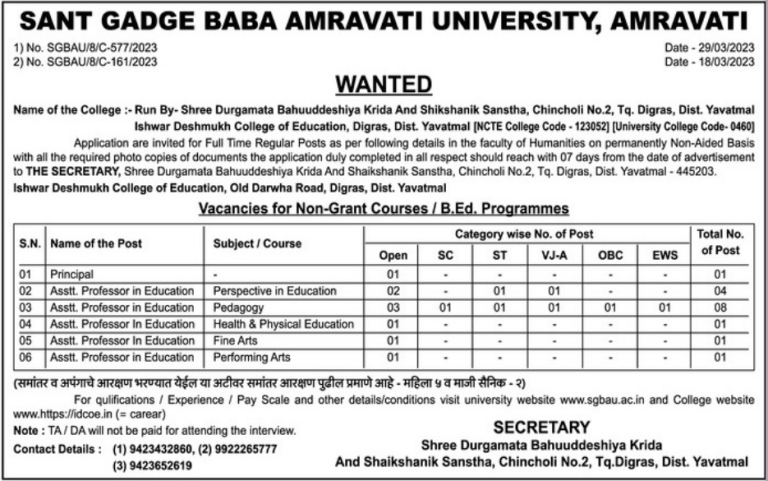 Sant Gadge Baba Amravati University, Amravati wanted Principal and Assistant Professor | FacultyPlus