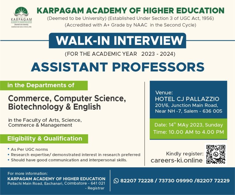 Karpagam Academy of Higher Education, Coimbatore Walk-in Interview on 14th May 2023 | FacultyPlus