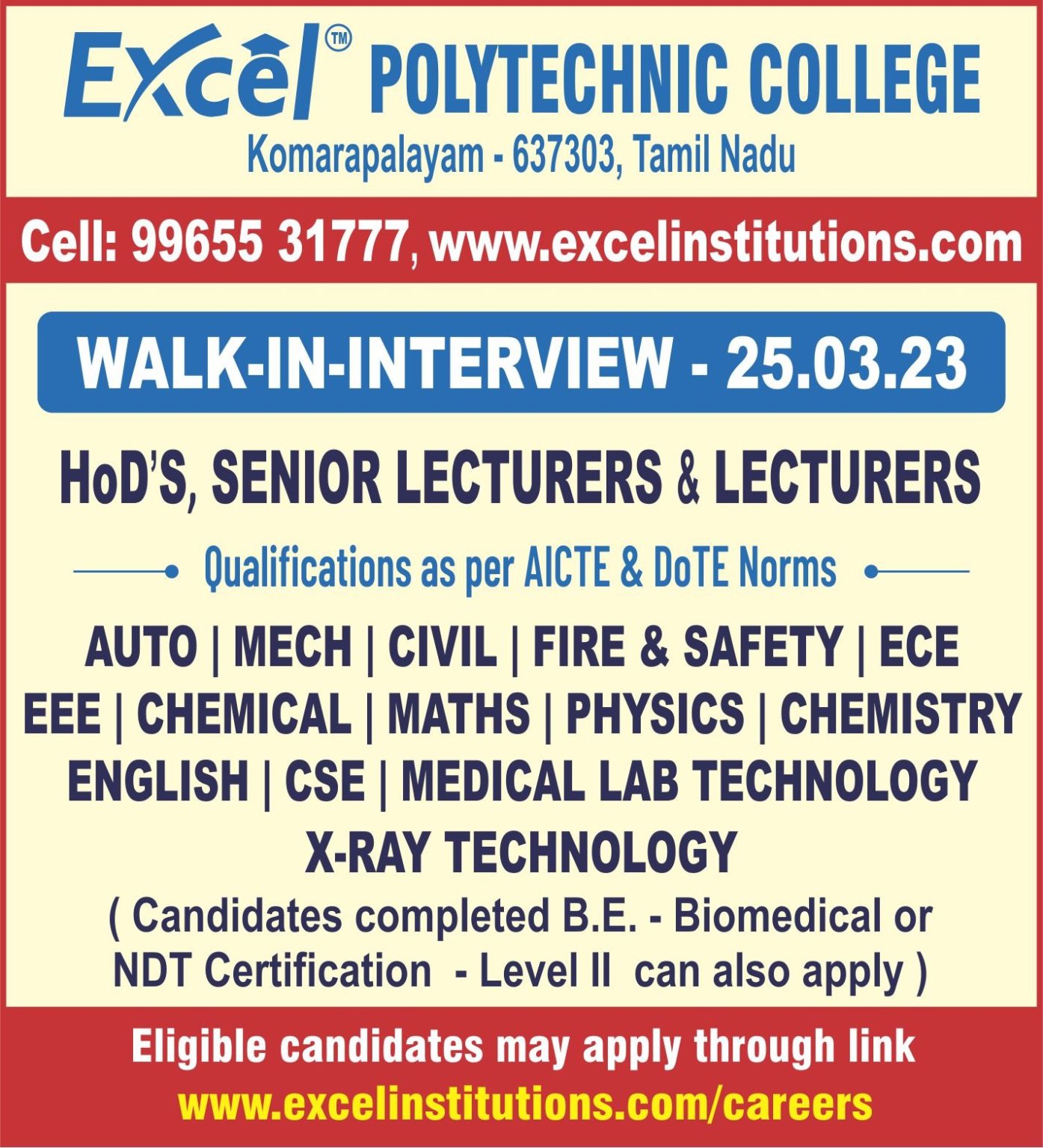 Excel Polytechnic College, Komarapalayam Wanted HOD/Senior Lecturer/Lecturers (Walk-in ...