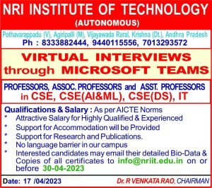 NRI Institute of Technology, Vijayawada Wanted Assistant Professor, Associate Professor and ...