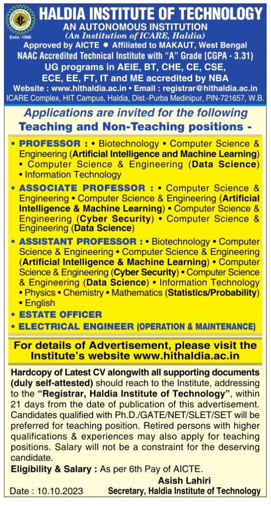 Teaching and Non-Teaching Jobs- Haldia Institute of Technology, Medinipur | FacultyPlus