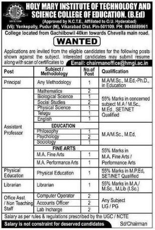 Holy Mary Institute of Technology and Science College of Education, Hyderabad Wanted Teaching ...