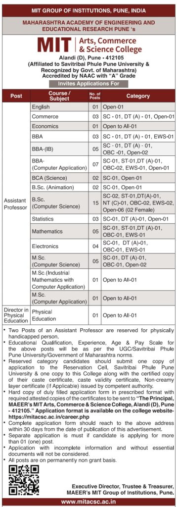 MIT Arts, Commerce & Science College, Pune Wanted Assistant Professor and Director | FacultyPlus