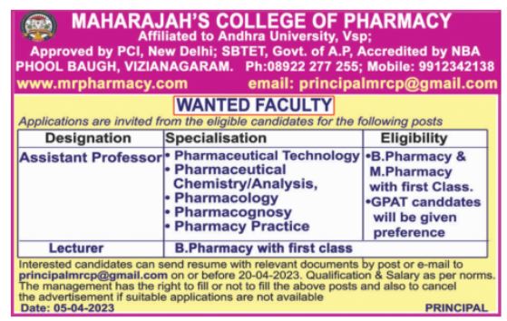 Maharajah’s College of Pharmacy, Vizianagaram Wanted Assistant Professor/ Lecturer | FacultyPlus