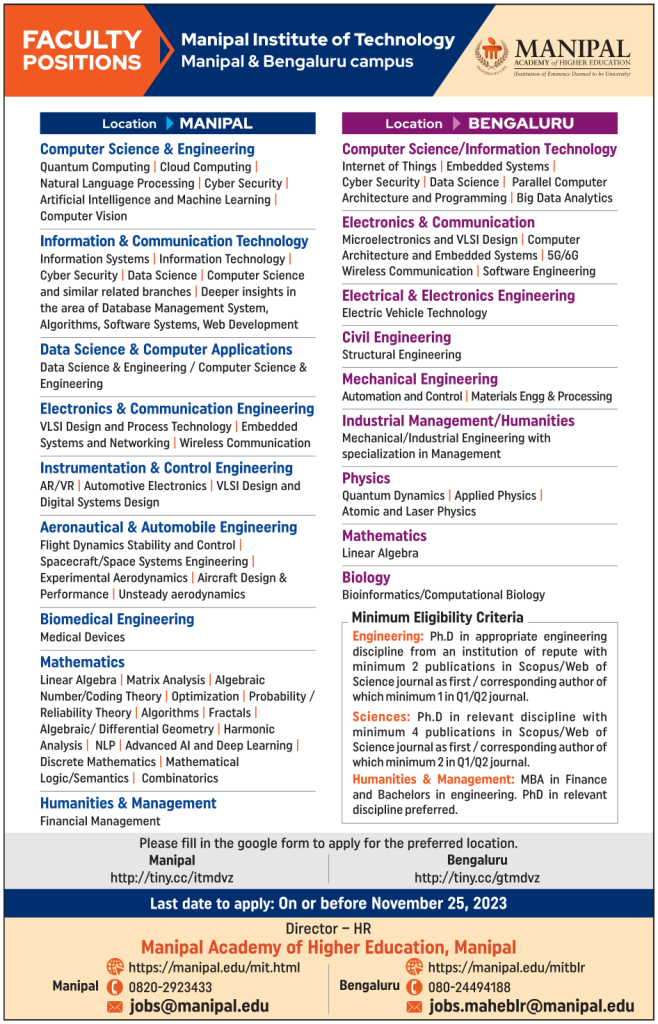 Manipal Academy of Higher Education, Manipal & Bengaluru Campus Wanted Professor/ Associate ...