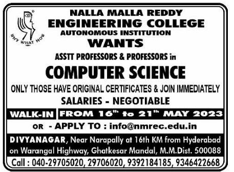 Nalla Malla Reddy Engineering College, MM District Wanted Professor ...