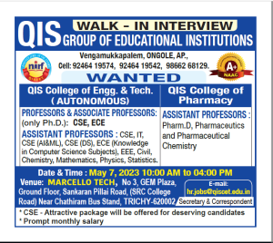 QIS Group of Educational Institutions, Ongole Wanted Professor/Associate Professor/Assistant ...