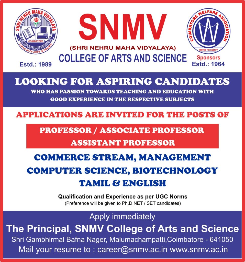 SNMV College of Arts and Science, Coimbatore Wanted Professor/Associate ...