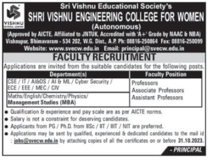 Shri Vishnu Engineering College for Women, West Godavari wanted Teaching Faculty | FacultyPlus