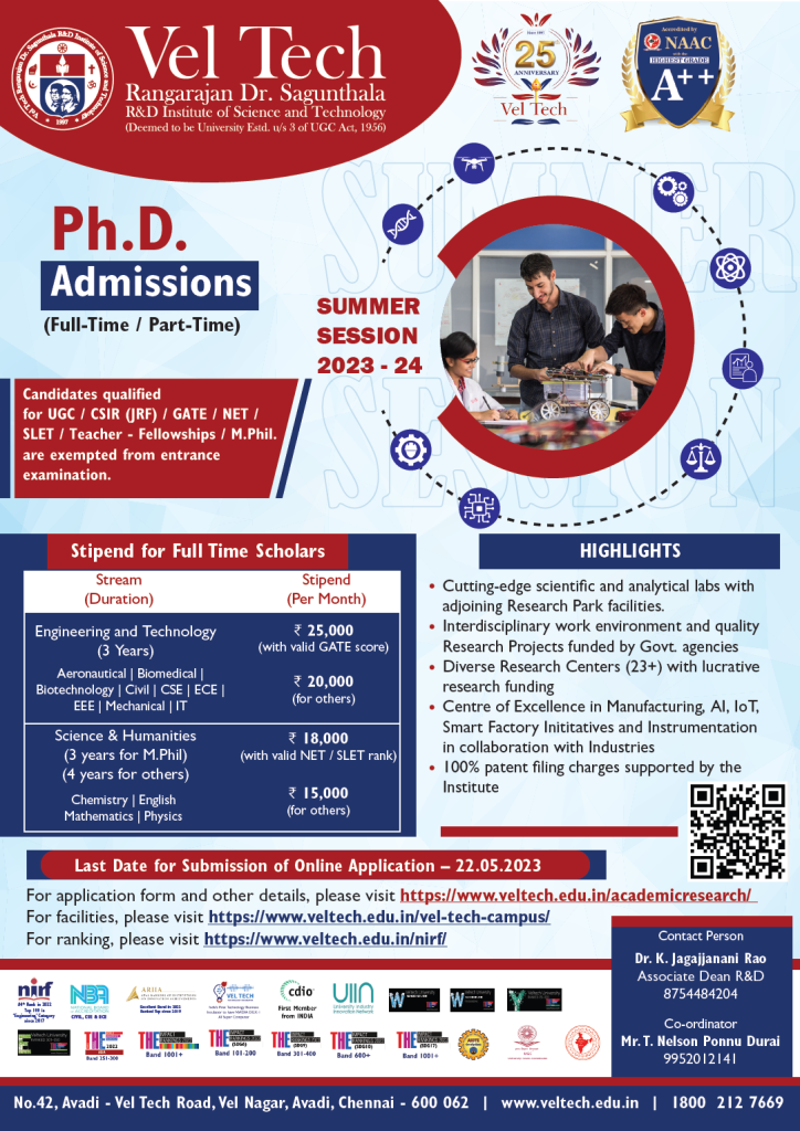 Ph.D Admissions- Summer Session 2023-2024 at VelTech | FacultyPlus