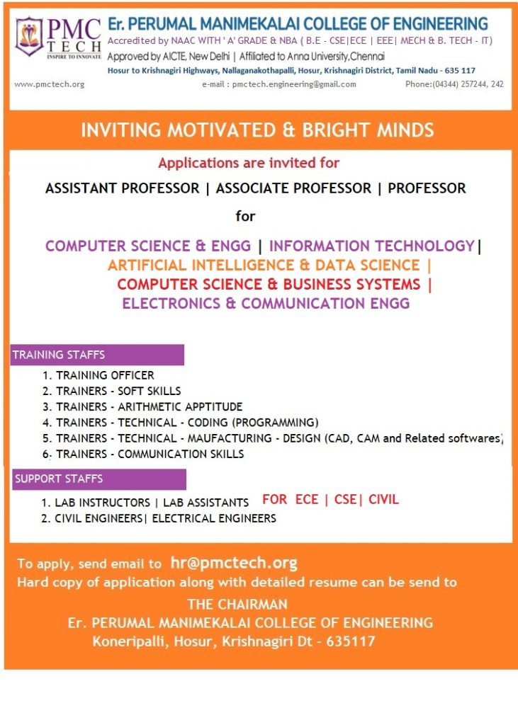 Faculty Recruitment 2023 at PMC Tech Er. Perumal Manimekalai College of ...