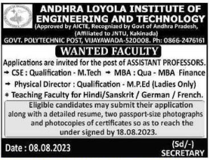Andhra Loyola Institute of Engineering and Technology, Vijayawada Wanted Assistant Professor and ...