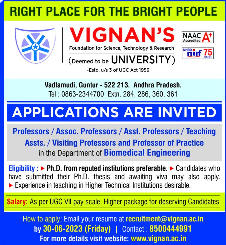 Vignan’s Foundation for Science, Technology & Research Wanted Professor/ Associate Professor ...