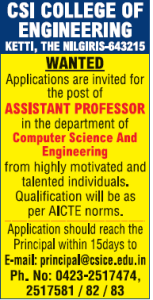 CSI College of Engineering, The Nilgiris Wanted Assistant Professor | FacultyPlus
