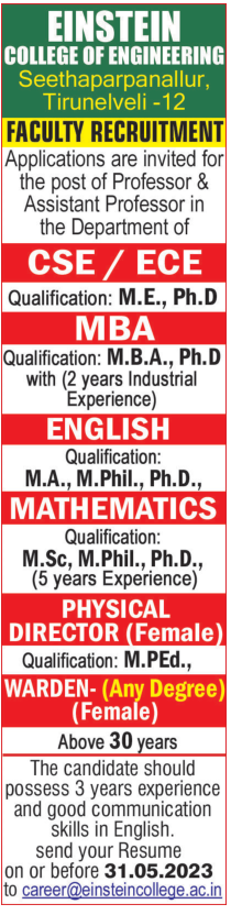 Einstein College of Engineering, Tirunelveli Wanted Professor ...