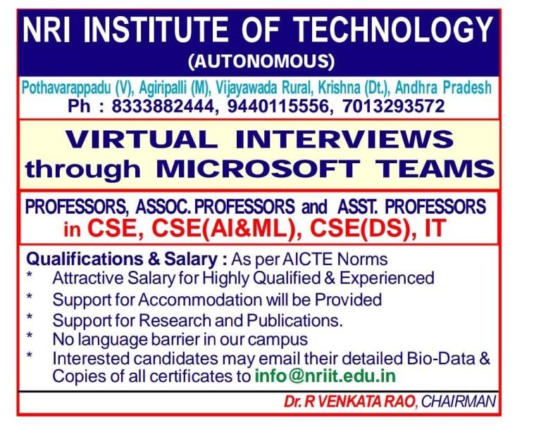Faculty Recruitment 2023- NRI Institute of Technology, Vijayawada | FacultyPlus