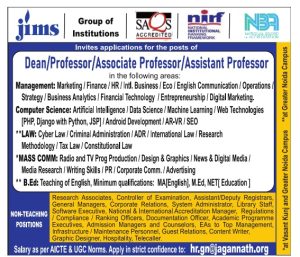 JIMS Group of Institutions, Vasant Kunj and Greater Noida Wanted Dean/ Professor/ Associate ...